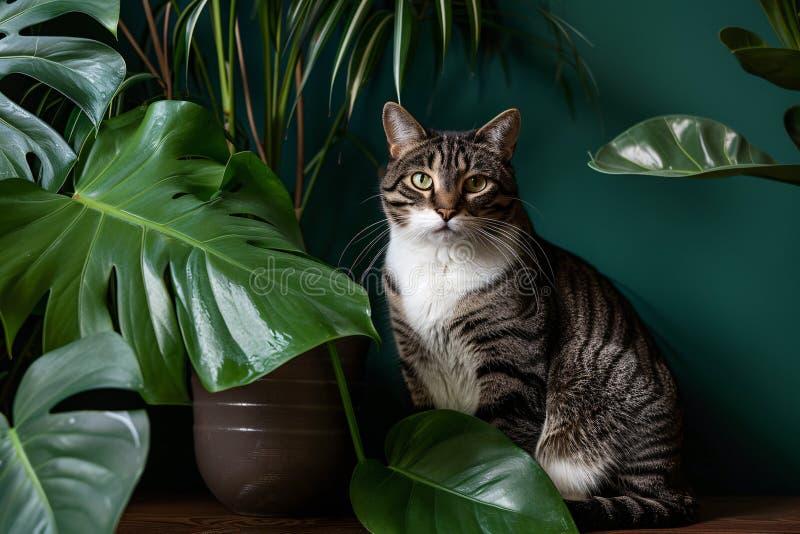 Cat with Tropical Houseplants Stock Illustration - Illustration of ...