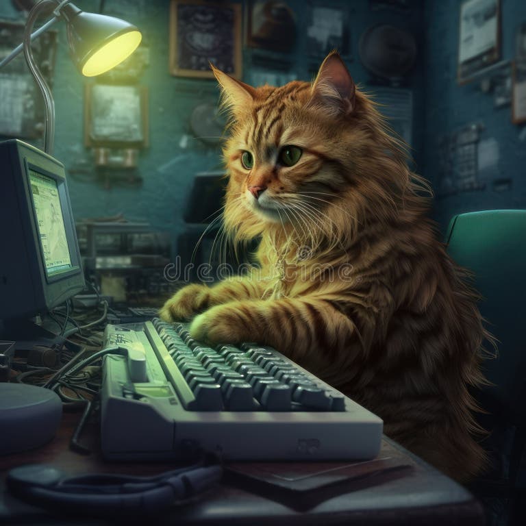 Tabby Cat Typing on a Keyboard in Front of an Old Computer Screen, AI ...