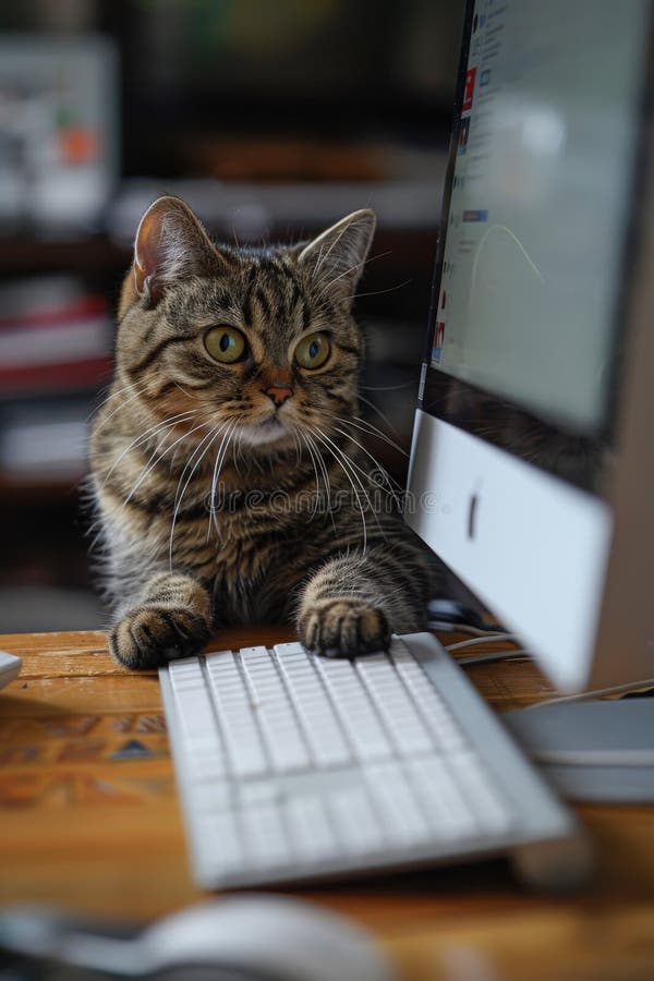 Tabby Cat Using Computer stock illustration. Illustration of cute ...
