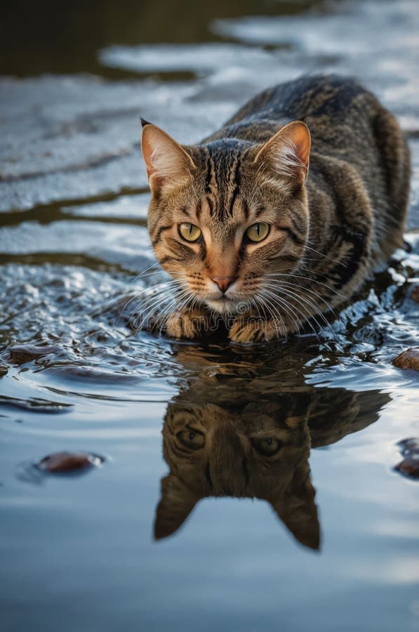 Intrigued Tabby Cat Gazing at Its Reflection in Still Water Stock ...