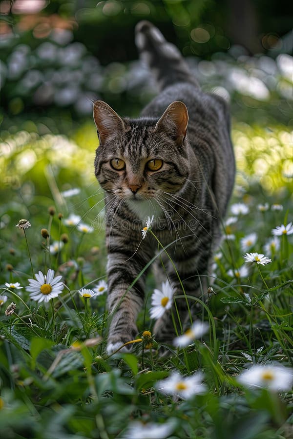 Tabby Cat Walking through a Field of Daisies. AI Image Stock ...