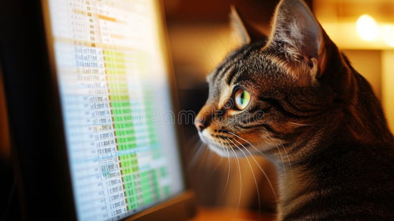 Tabby Cat Watching Computer Screen at Night Stock Illustration ...