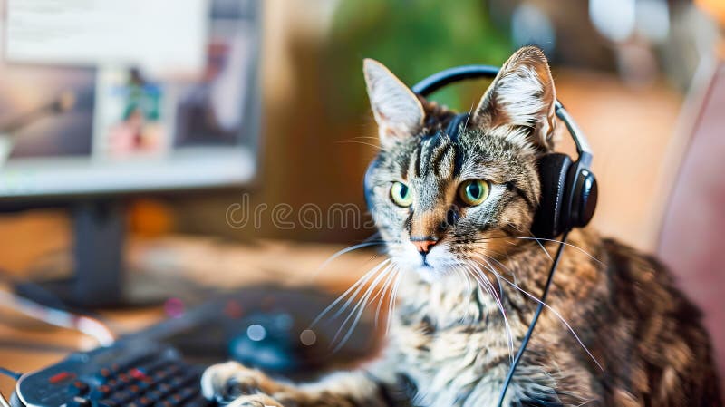 Tabby Cat Wearing a Call Center Uniform and Headset Focused on Working ...