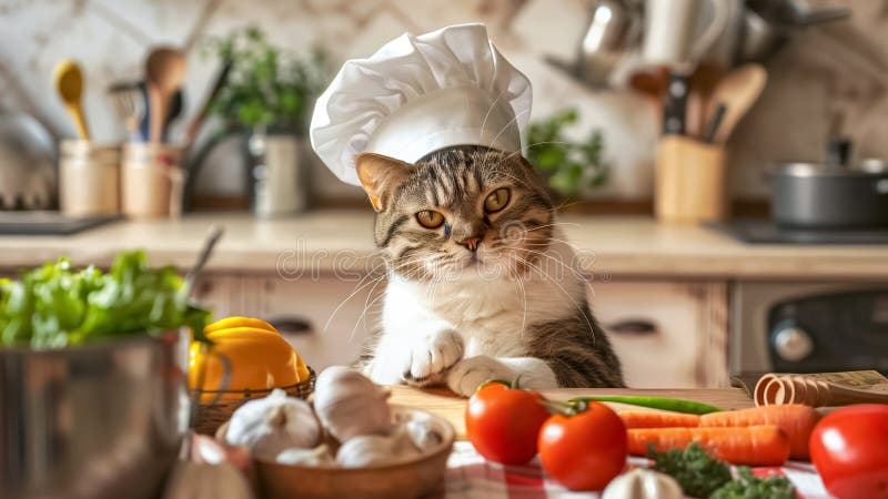 Tabby Cat Wearing a Chef Hat in a Kitchen Surrounded by Vegetables ...