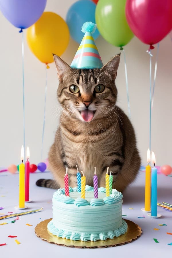 Tabby Cat Wearing Party Hat Sitting by Lit Birthday Cake Stock ...