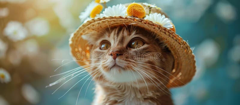 Tabby Cat Wearing Straw Hat Stock Photo - Image of trendy, headwear ...