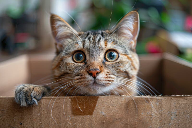 Tabby Cat with Wide Eyes Peeking from a Box. Stock Image - Image of ...