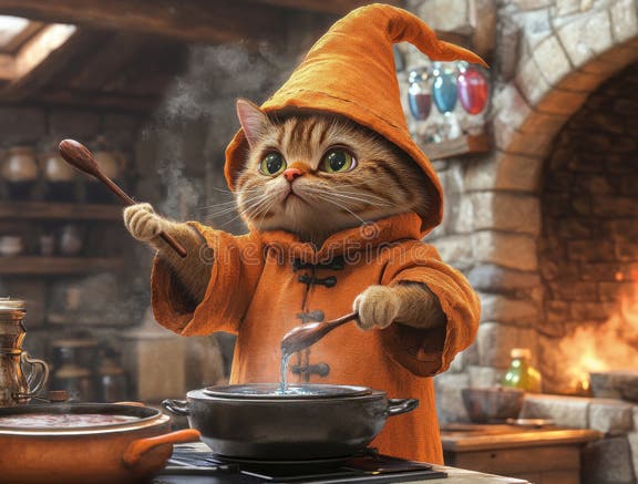 Tabby Cat Wizard Cooking in Rustic Kitchen Stock Illustration ...