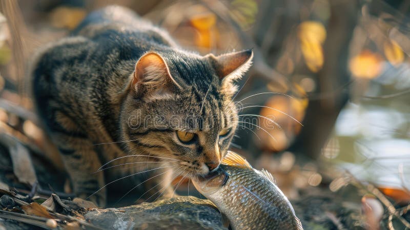 Tabby Cat Catching a Fish in a Forest Stock Illustration - Illustration ...