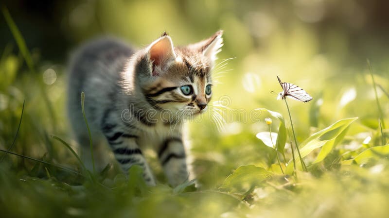 Tabby Kitten Chasing Butterflies in the Park. Stock Illustration ...