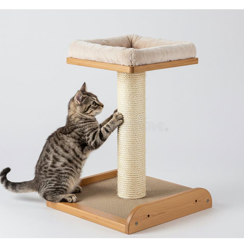 A Tabby Kitten Interacts with a Cat Scratching Post. the Structure ...