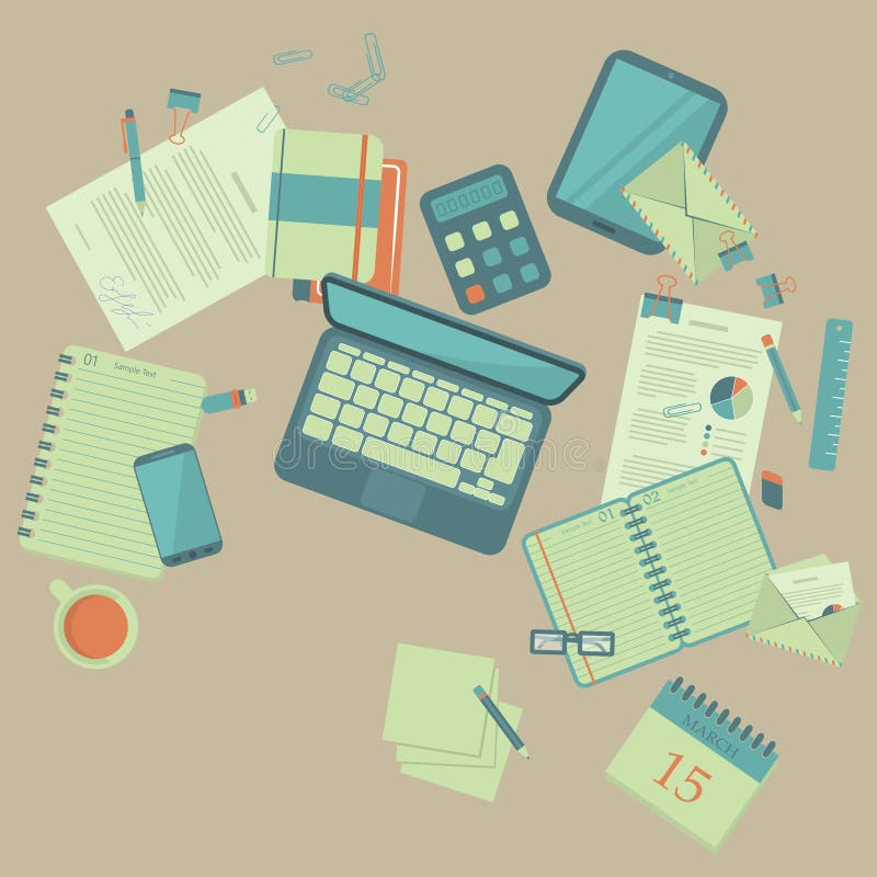 Tabla De Trabajo Con Diversas Cosas Ilustración del Vector ...