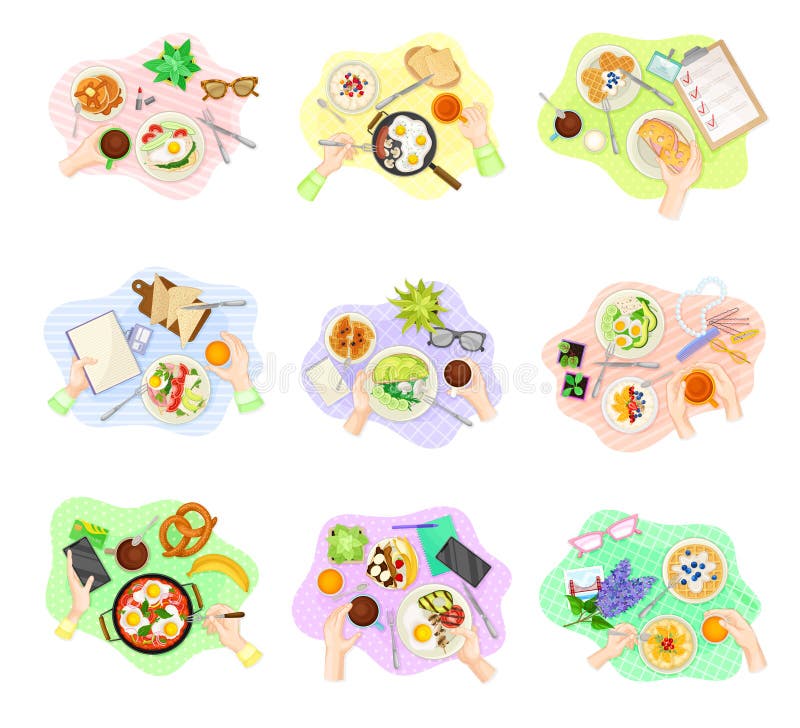 Table Above Layout with Morning Meal Plating and Hands Vector Set Stock ...