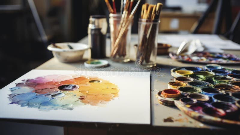 Abundant Paint and Brushes on a Table, Creative Tools for Artistic ...