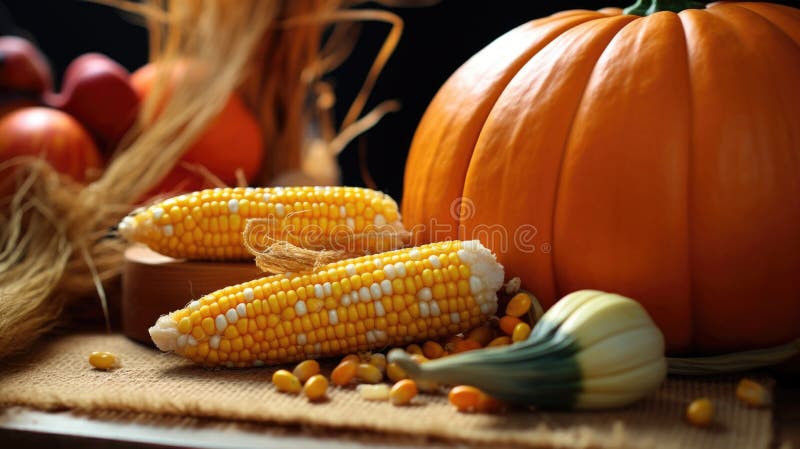 A Table Adorned with Fresh Corn and a Vibrant Pumpkin. Ideal for Fall ...