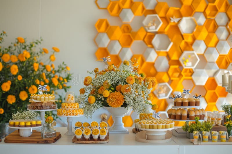 Table Adorned With Frosting Covered Cakes And Cupcakes Bee Themed Birthday Party With Honeycomb