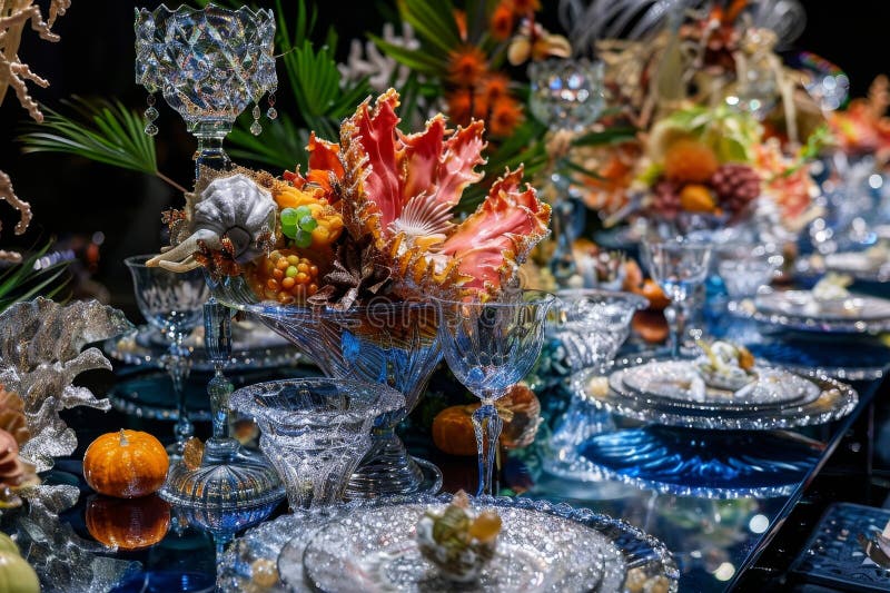 A Table Adorned with Numerous Glass Dishes Creating an Extravagant ...