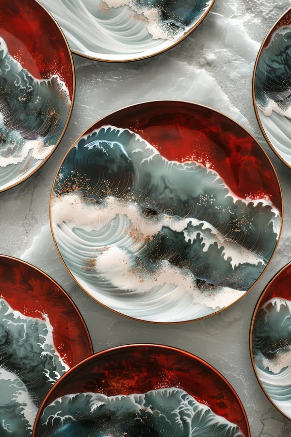Table Adorned with Red and White Plates with Wave Patterns Stock ...
