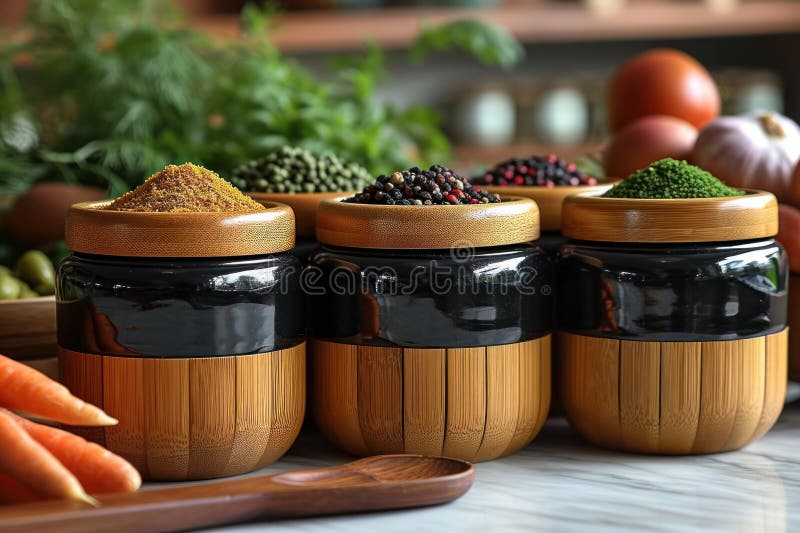 Assorted Food Jars on Table Stock Image - Image of spices, kitchen ...