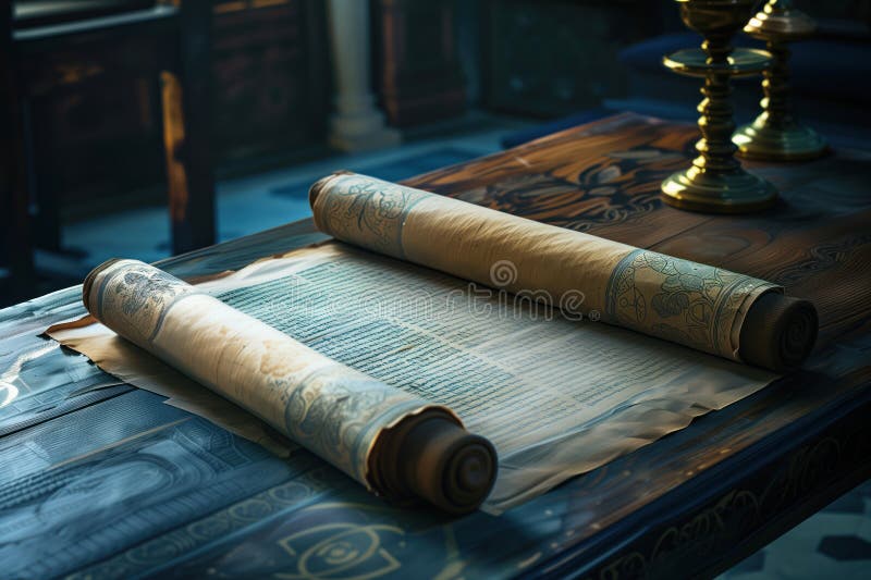 A Table, Ancient Papyrus Holds Old Torah Scroll Stock Photo - Image of ...