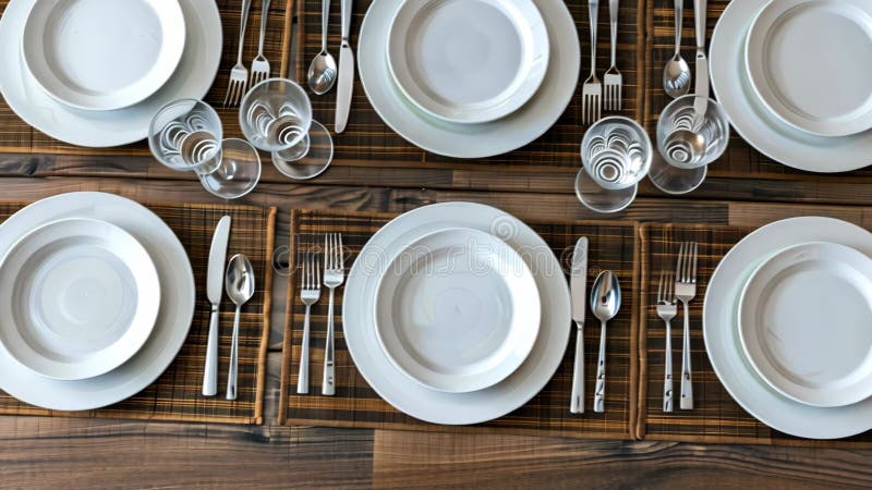 Table Arranged with White Plates and Shiny Silver Utensils, Creating an ...