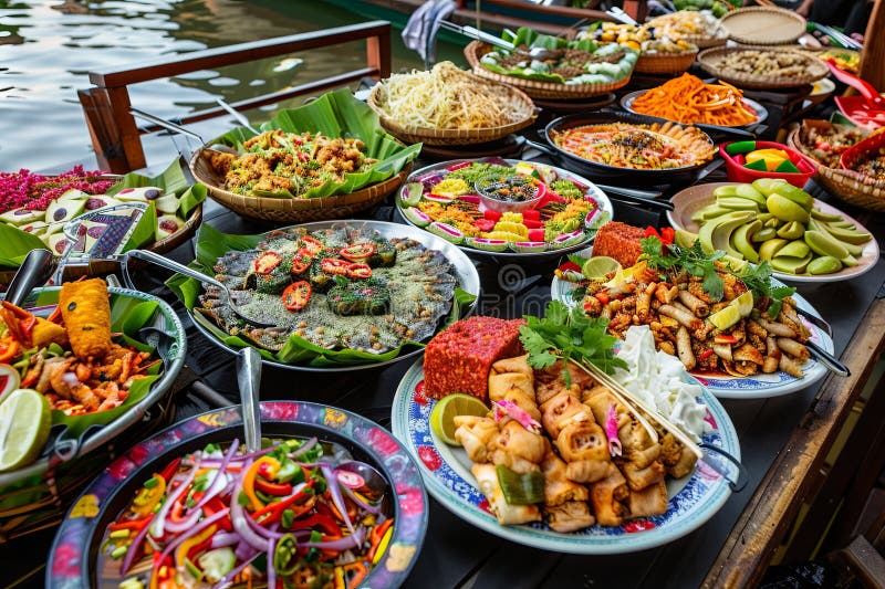Table with Assorted Plates of Food Stock Photo - Image of feast, sweet ...