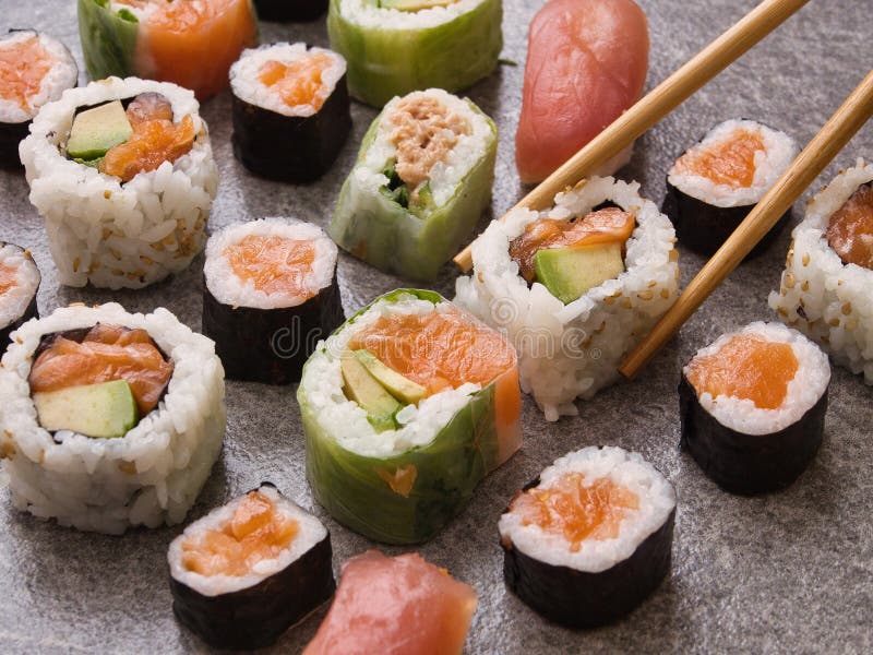 On a Table, Assorted Rolls, with Salmon, Tuna and Cucumber, Laid Out in ...