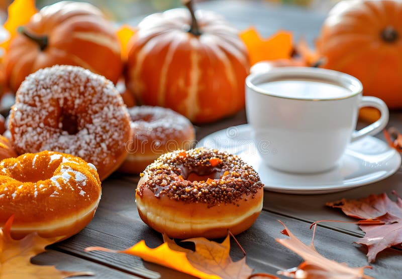 Autumn Donuts, Pumpkins, Coffee & Leaves Stock Illustration ...
