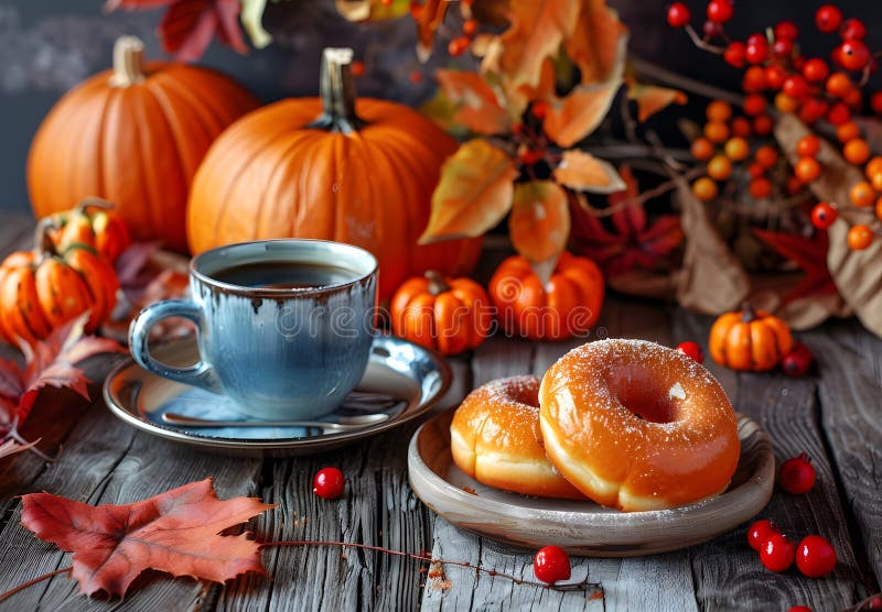 Autumn Donuts, Coffee, Pumpkins & Leaves Stock Illustration ...