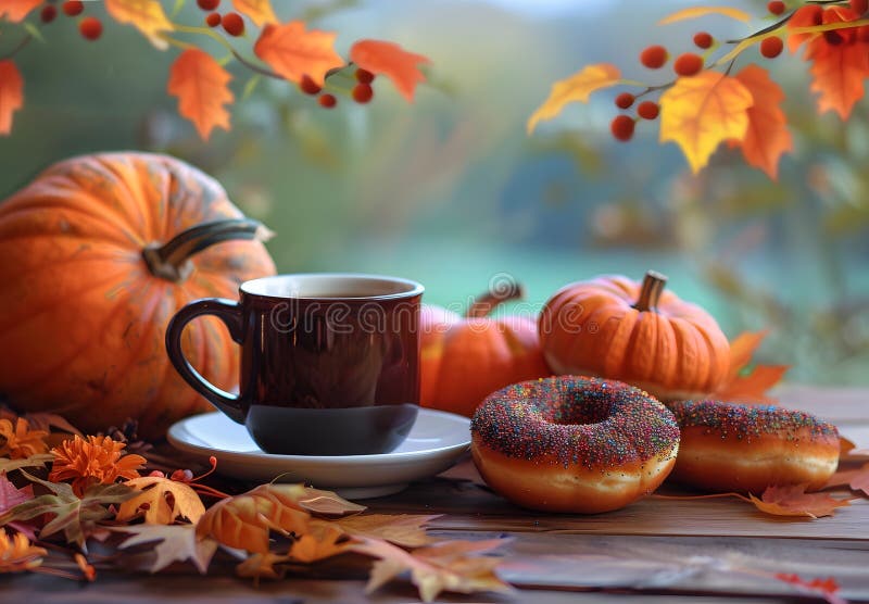 Autumn Table Setting with Coffee, Donuts, and Pumpkins Stock ...