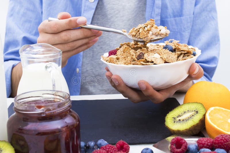 Table with a Balanced Breakfast Stock Image - Image of happy, cereals ...
