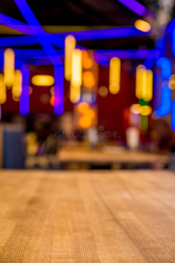 The Table in the Bar and Blurry Lights Stock Photo - Image of wood ...