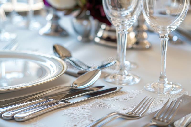 A Table Beautifully Set with Elegant Silverware and Glassware, Elegant ...