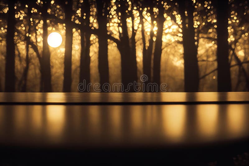 A Table with a Bench in Front of a Forest of Trees at Sunset with the ...