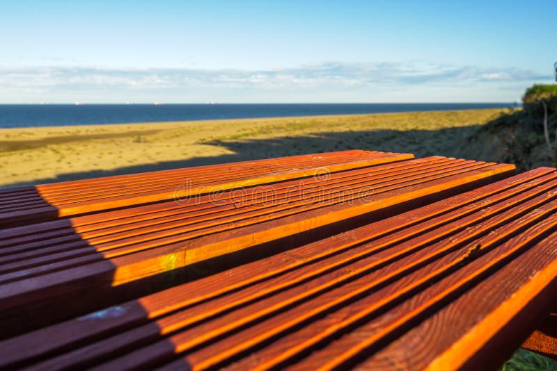 Table with Bench Over Beach and Sand Dunes at Lowestoft Suffolk Stock ...