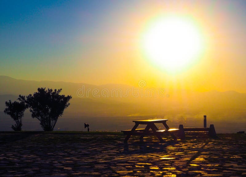 A Table with a Bench on Sunset Stock Image - Image of calm, nature ...
