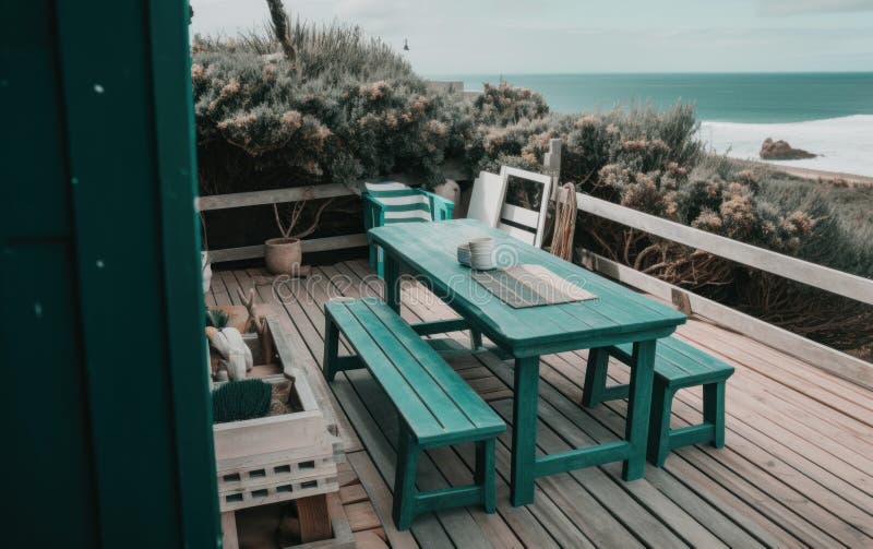 A Table and Benches on a Deck Overlooking the Ocean. AI Generative ...