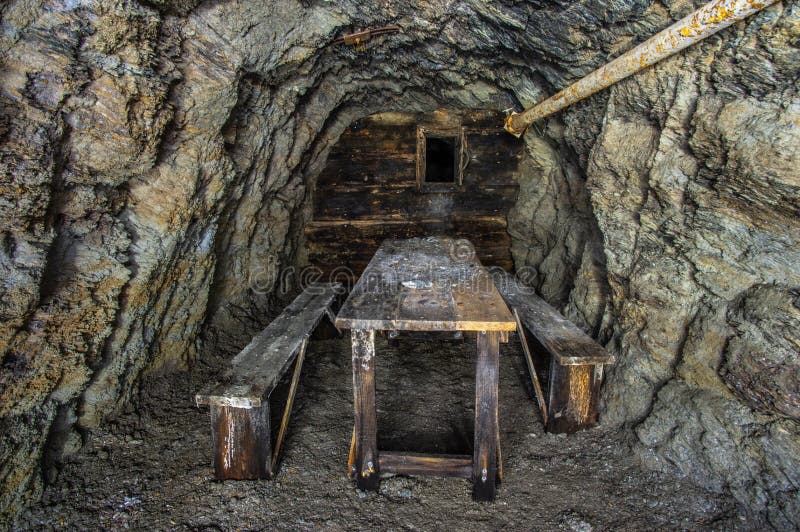 Table and Benches in the Old Mine Stock Image - Image of gold, black ...