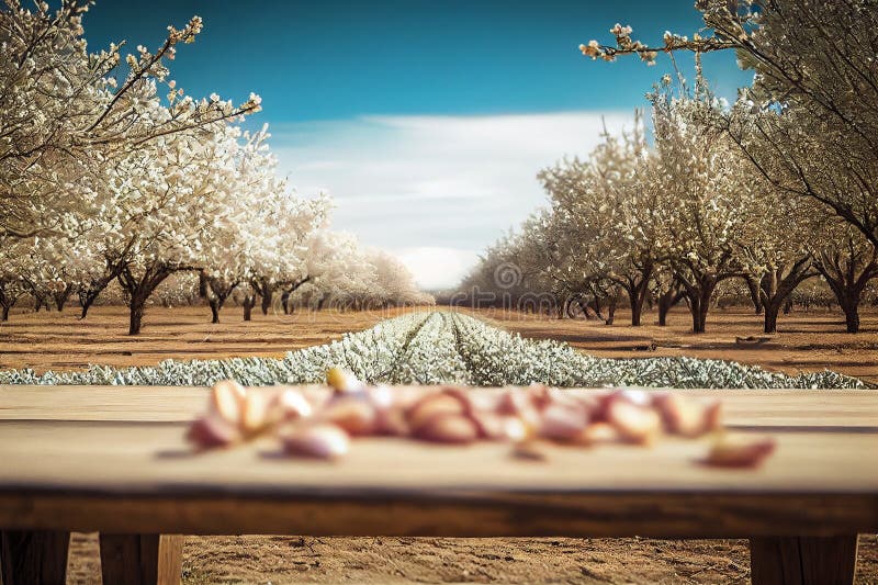 Table and Blooming Almond Orchard in Spring for Product.generative Ai ...