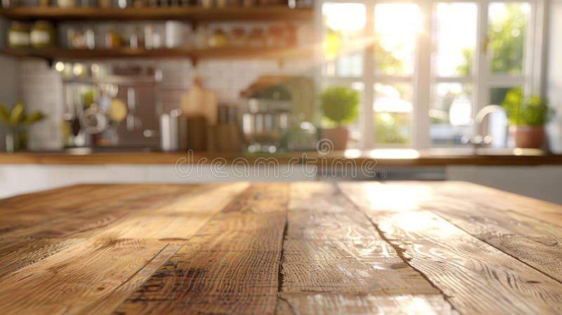 Table on Blurred Kitchen Bench. Empty Wooden Table on Blurry Kitchen ...