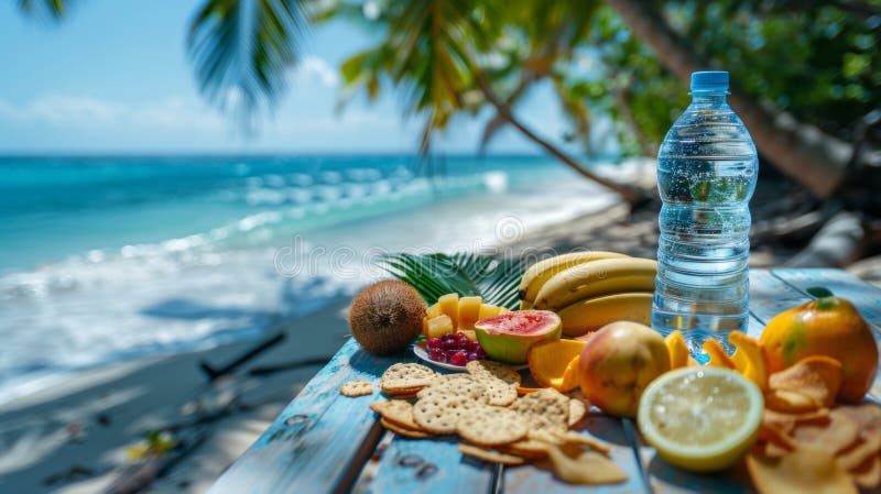 A Table with a Bottle of Water and Fruit on the Beach, AI Stock Photo ...