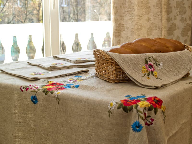 Table with Bread and Table-cloth Stock Photo - Image of handy, armchair ...