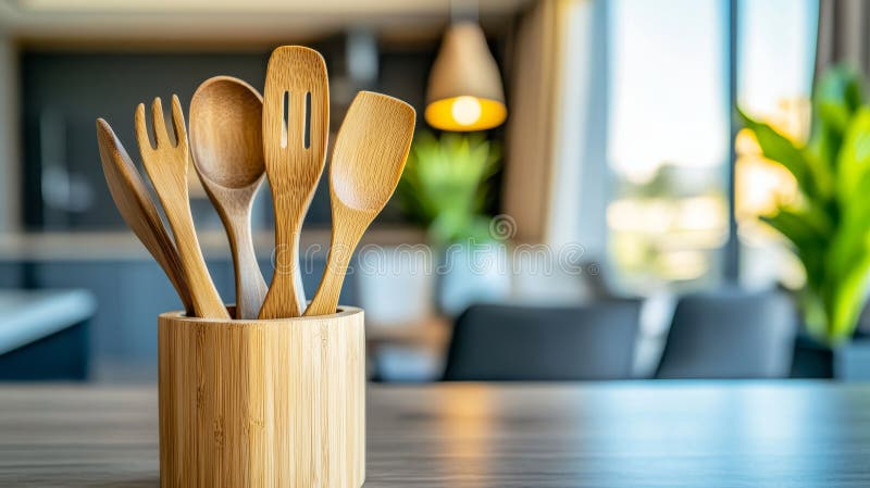 A Table in a Bright Kitchen Features Wooden Kitchen Utensils, Salt, and ...