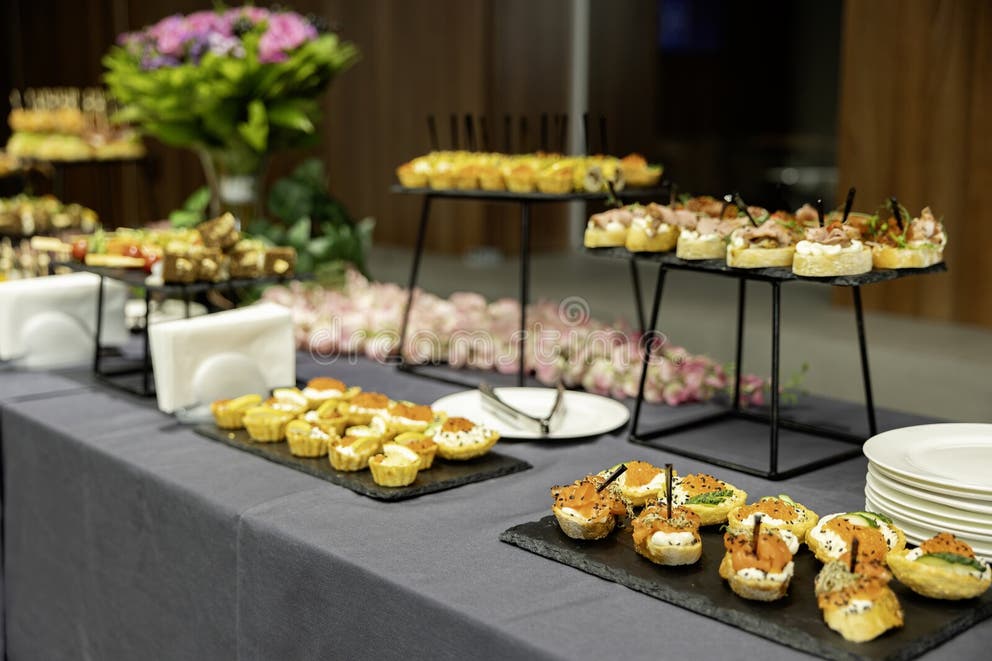 Table Buffet Dishes. Bruschetta Served at the Catering Stock Image ...