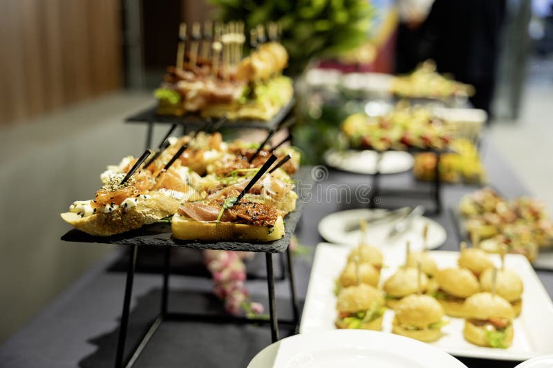 Table Buffet Dishes. Bruschetta Served at the Catering Stock Photo ...