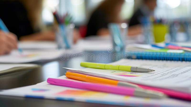 A Table with a Bunch of Pens and Paper on it, AI Stock Photo - Image of ...