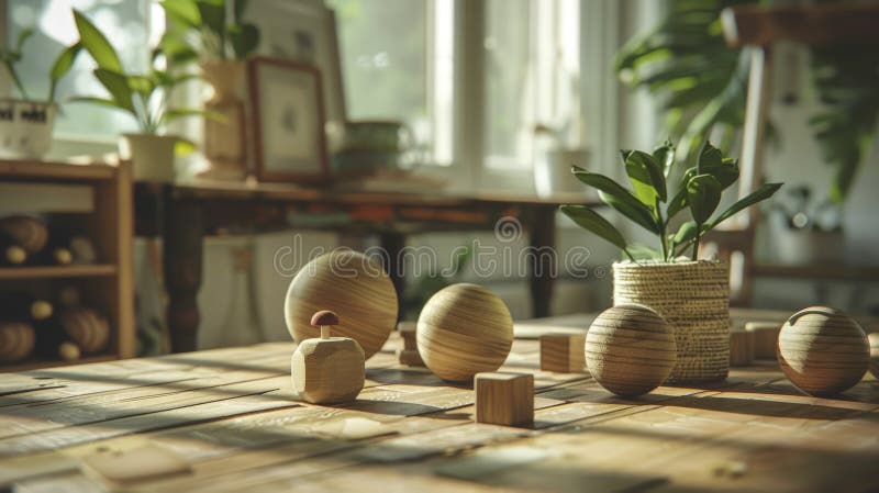 A Table with a Bunch of Wooden Balls and Blocks on it Stock ...