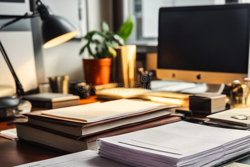 Desk with Business Papers and Computer in the Office Stock Illustration ...