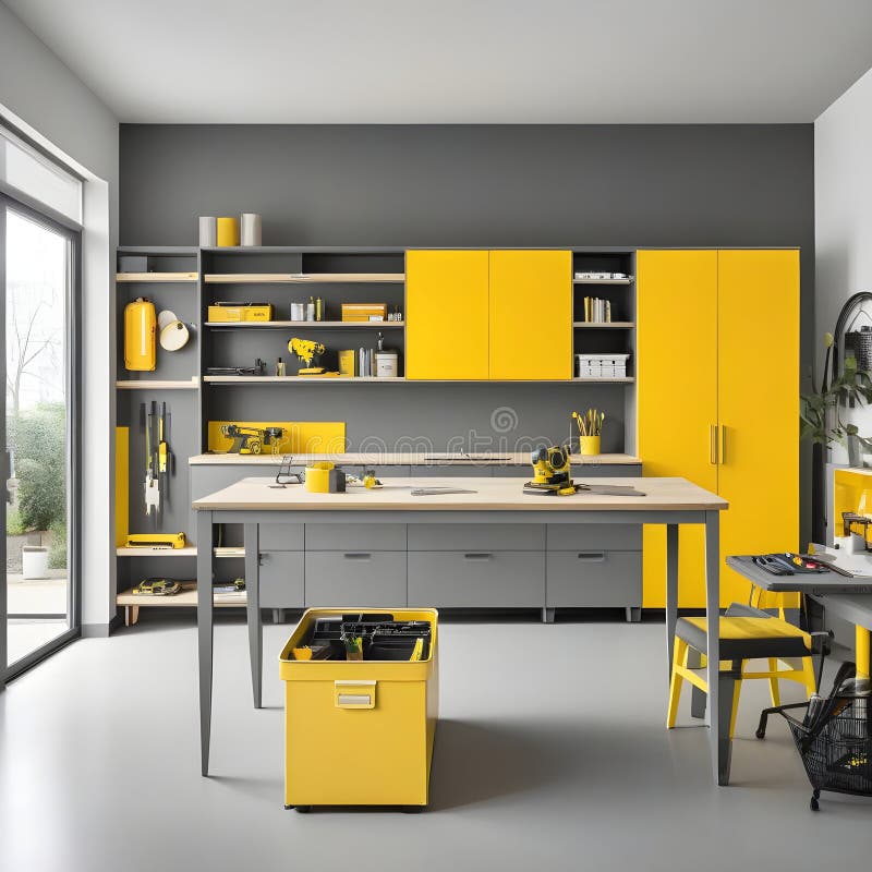 A Table and Cabinets are Arranged in a Gray Workshop with a Bright ...