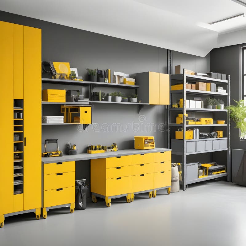 A Table and Cabinets are Arranged in a Gray Workshop with a Bright ...